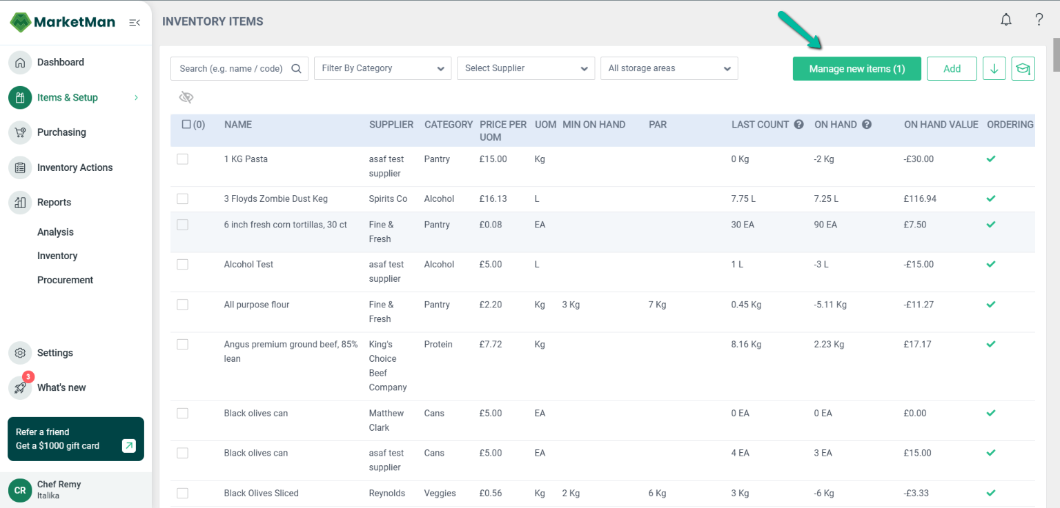 Marketman - Items & Setup - Managing New Items / Weekly Sweep