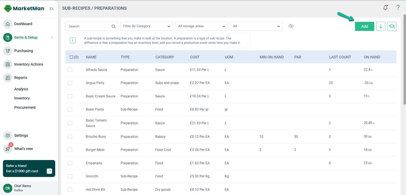 MarketMan - Recipes - Preparations and Sub-Recipes